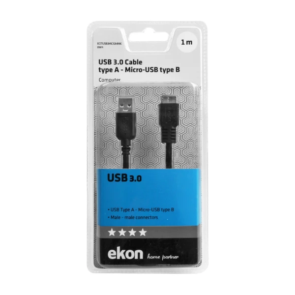 Ekon Cable With Type A Male 3.0 USB And Male Micro-USB 1M, svart - Power.se