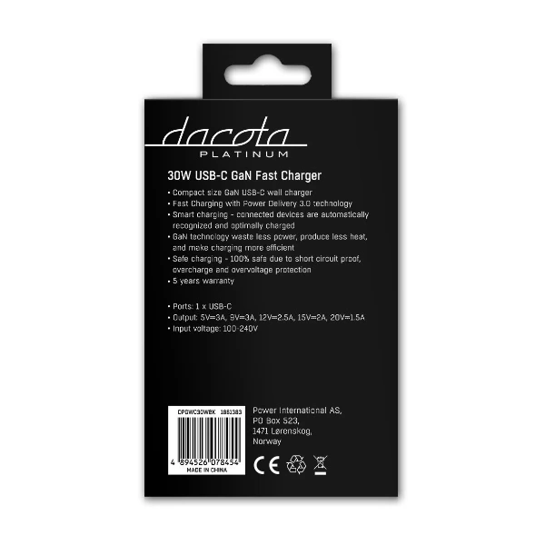 Dacota Platinum 30 W GaN USB-C hurtiglader 1 port, svart - Power.no