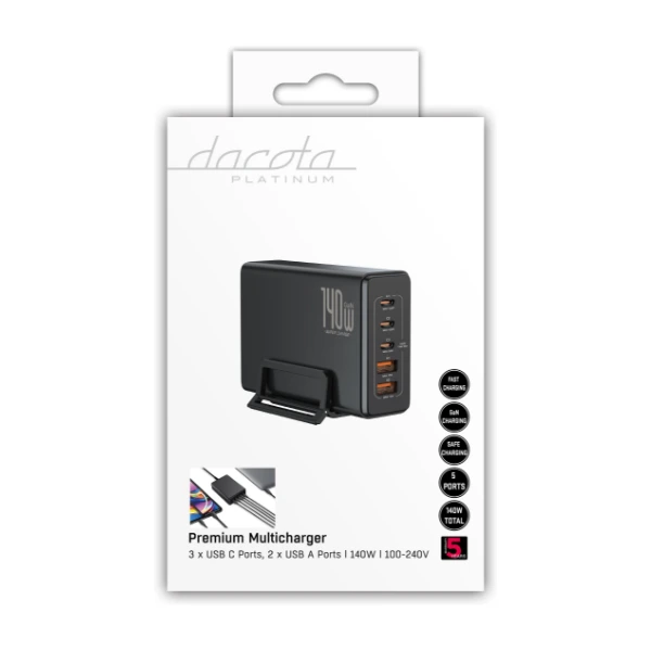 Dacota Platinum 140 W 5-porttinen GaN-monitoimilaturi - Power.fi