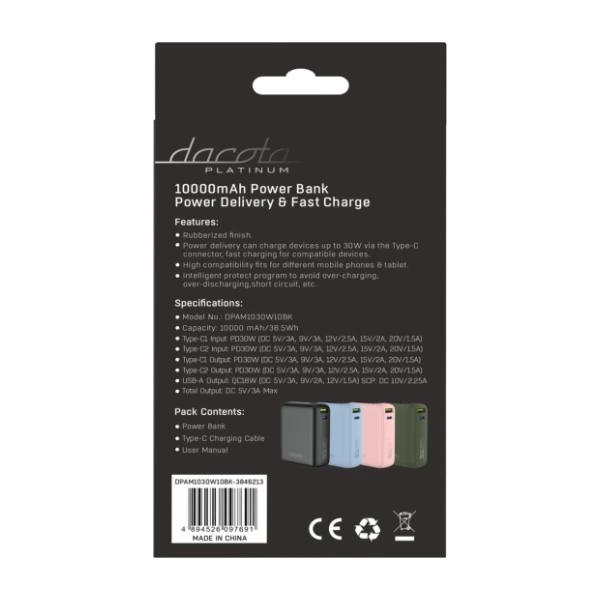 Dacota Platinum AM10 30 W powerbank 10 000 mAh, svart - Power.no
