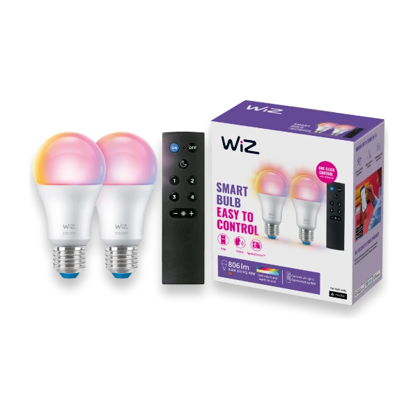 WiZ Wi-Fi Ble älylamppu 8.5W A60 RGB 2 kpl + kaukosäädin - Power.fi