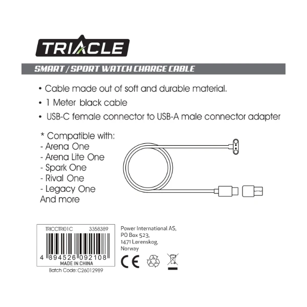 Triacle USB-C-latauskaapeli Triacle Arena/Spark/Rival/Legacy -kelloihin ...