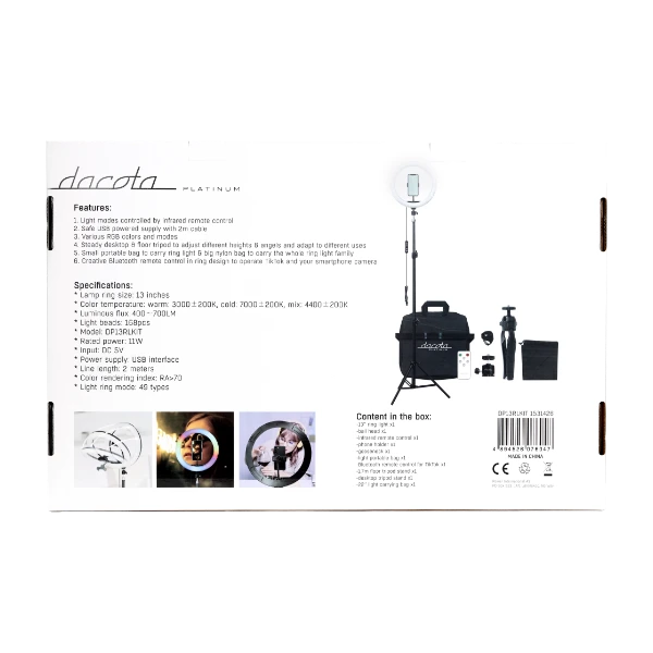 Dacota Platinum 13" RGB-ringlys med stativ & taske - POWER.dk