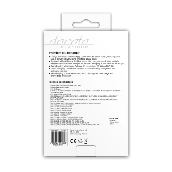 Dacota Platinum 140 W 5-porttinen GaN-monitoimilaturi - Power.fi