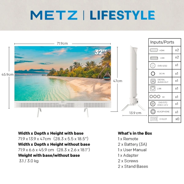 METZ 32" HD Google TV 12V 32MTE7000Z - POWER.dk