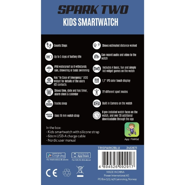 Triacle Spark Two smartklokke for barn, blå - Power.no