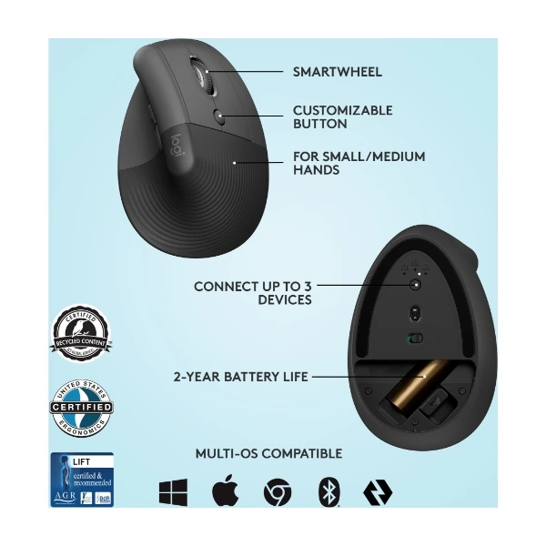 Logitech Lift Ergonominen Pystyhiiri, grafiitti/musta - Power.fi