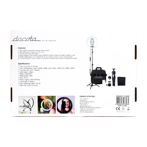 Dacota Platinum 10" RGB-ringlys med stativ & taske - POWER.dk